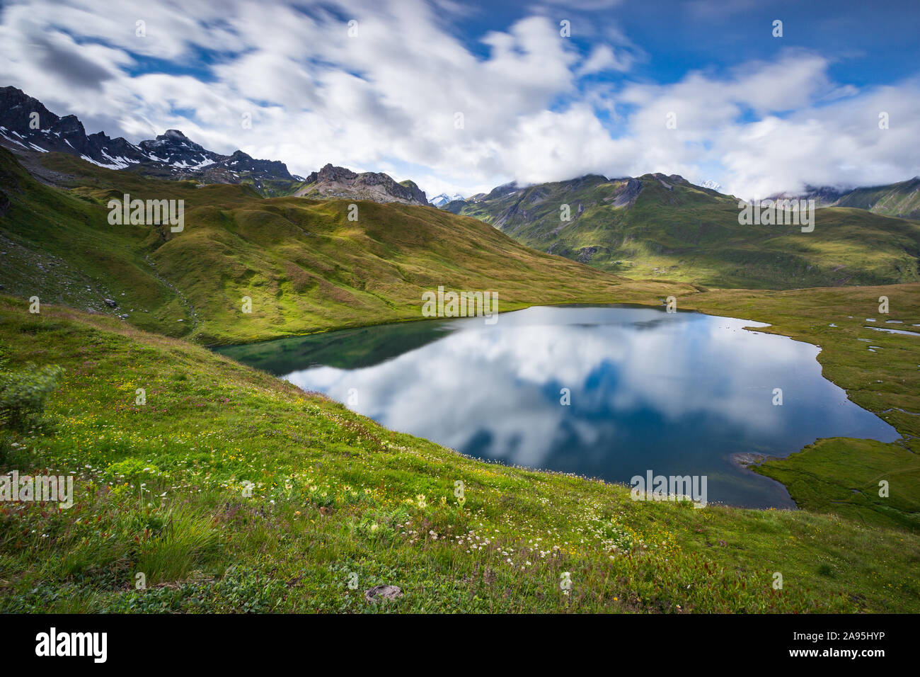 Lago Verney, Lac du Verney. Alpine lake near Colle del Piccolo San ...