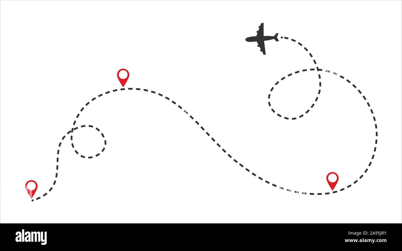 Planes. line of the plane. Airplane flight path with dash line and dash ...