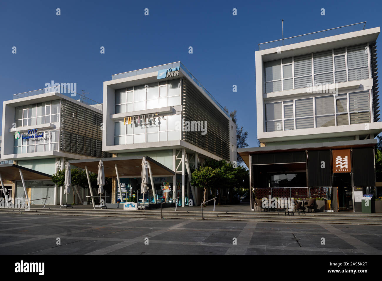 Limassol, Cyprus - September 25 2019: Restaurants and shops in the new ...