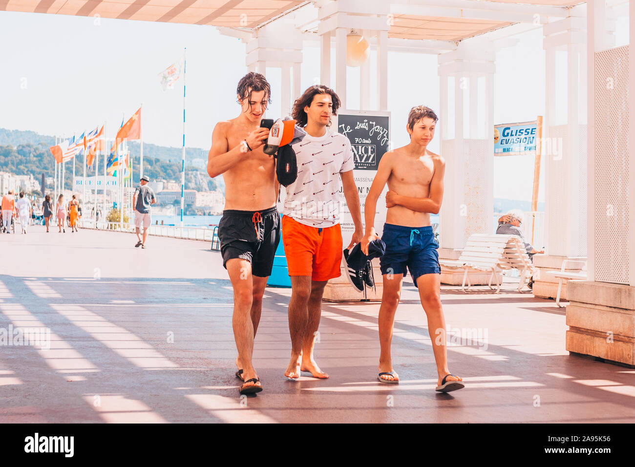 Nice, Provence / France - September 29, 2018: Three young guys on a hot ...
