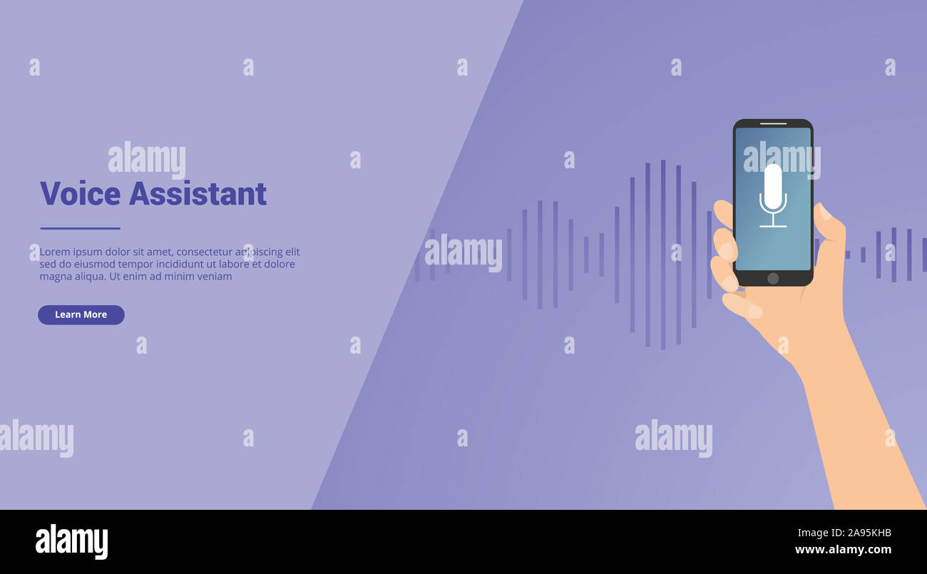 voice assistant technology with hand and smartphone for website ...