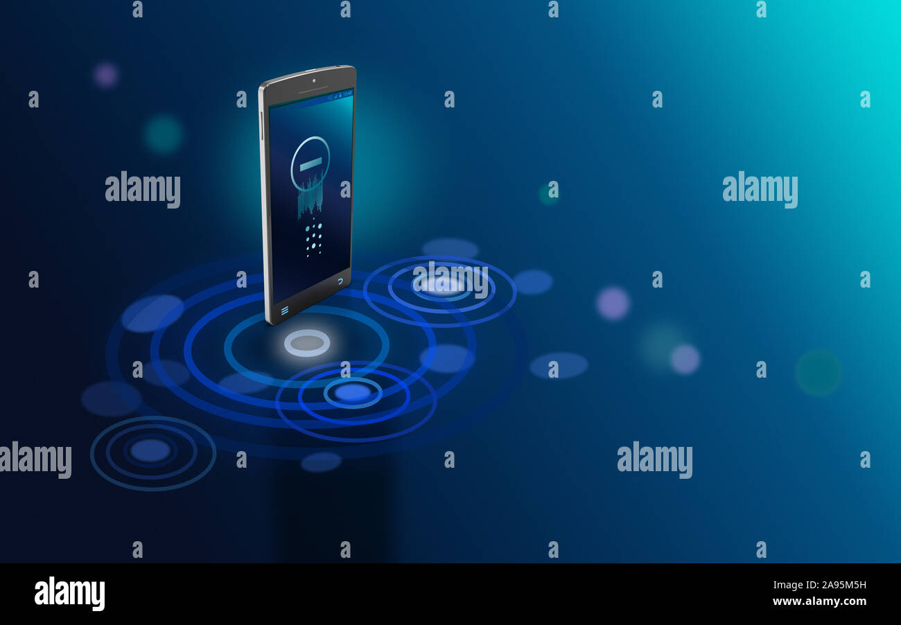 Smartphone with digital logo stand on a futuristic technologic ...