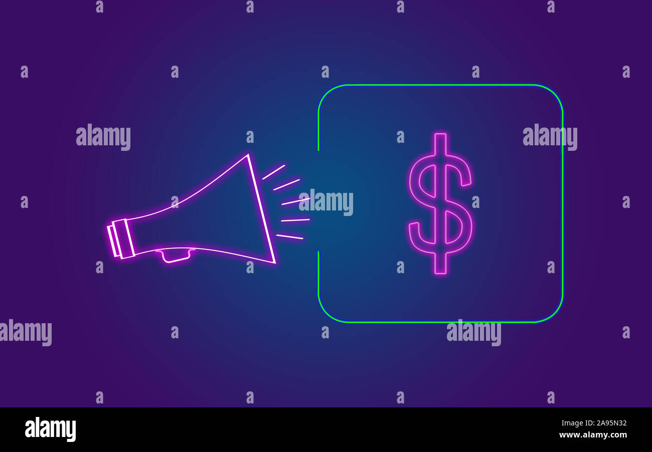 Dollar Sign Currency concept with neon colors agains purple gradient ...