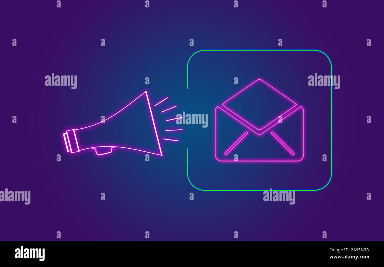 E-mail Messaging concept with neon colors agains purple gradient ...