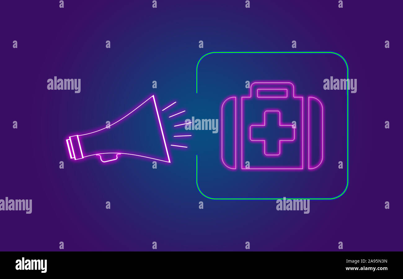 First Aid Health concept with neon colors agains purple gradient ...