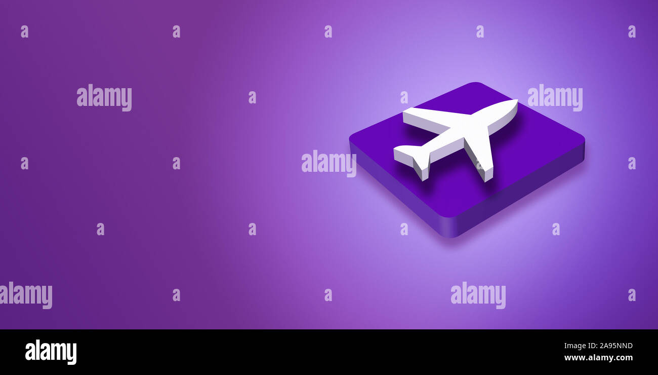 3D airplane symbol is standing on a platform over purple abstract ...