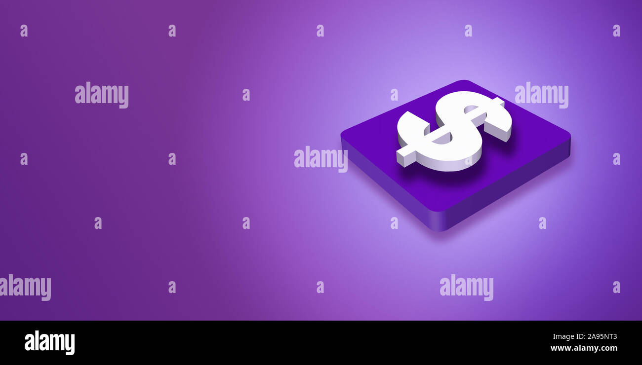 3D Dollar Sign symbol is standing on a platform over purple abstract ...