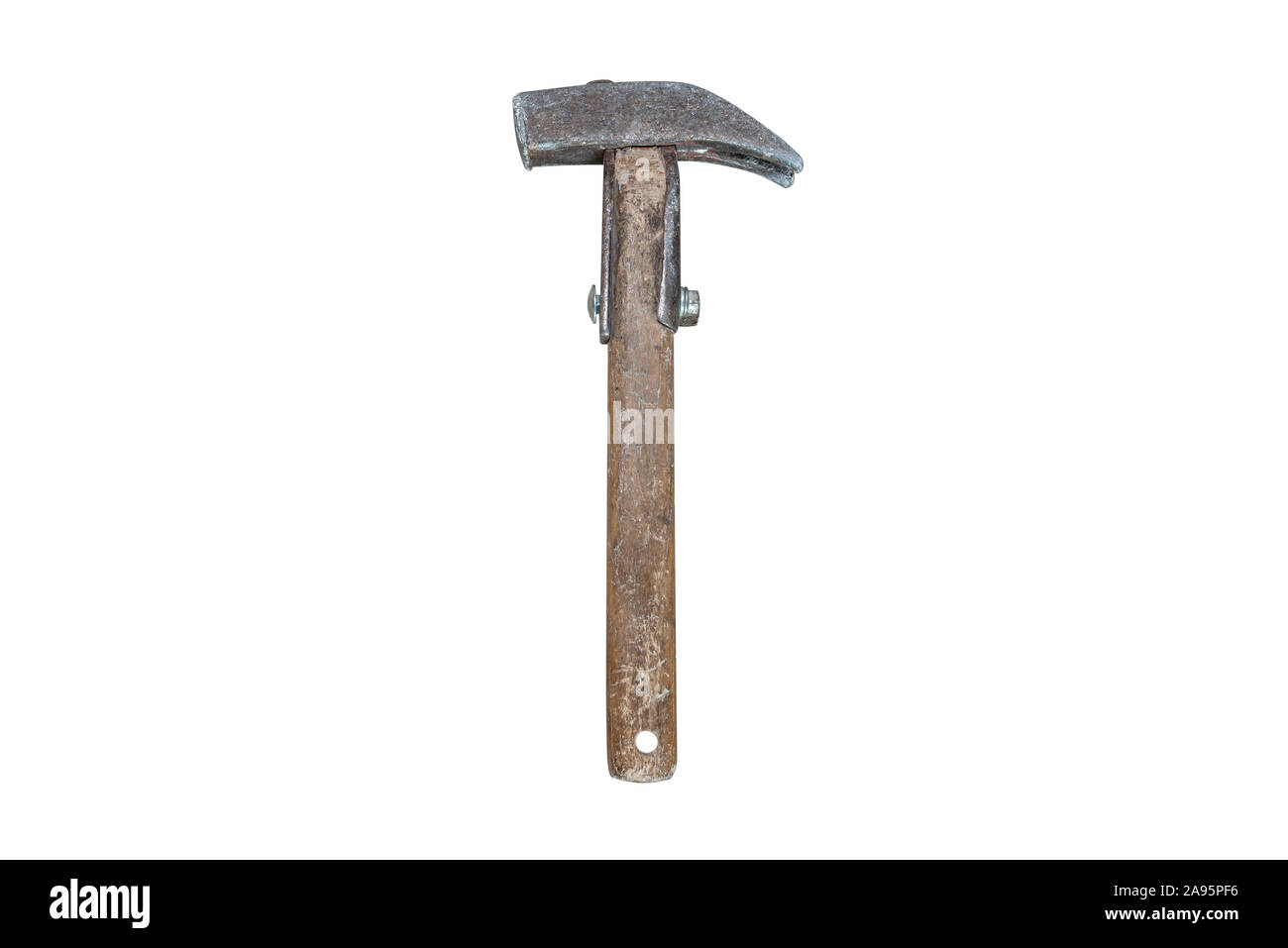 An old, classic, rust-covered metal hammer with a wooden handle ...