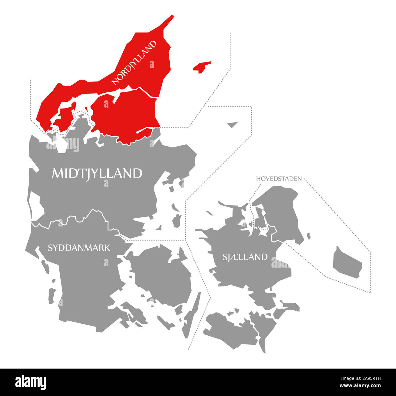 Nordjylland red highlighted in map of Denmark Stock Photo - Alamy