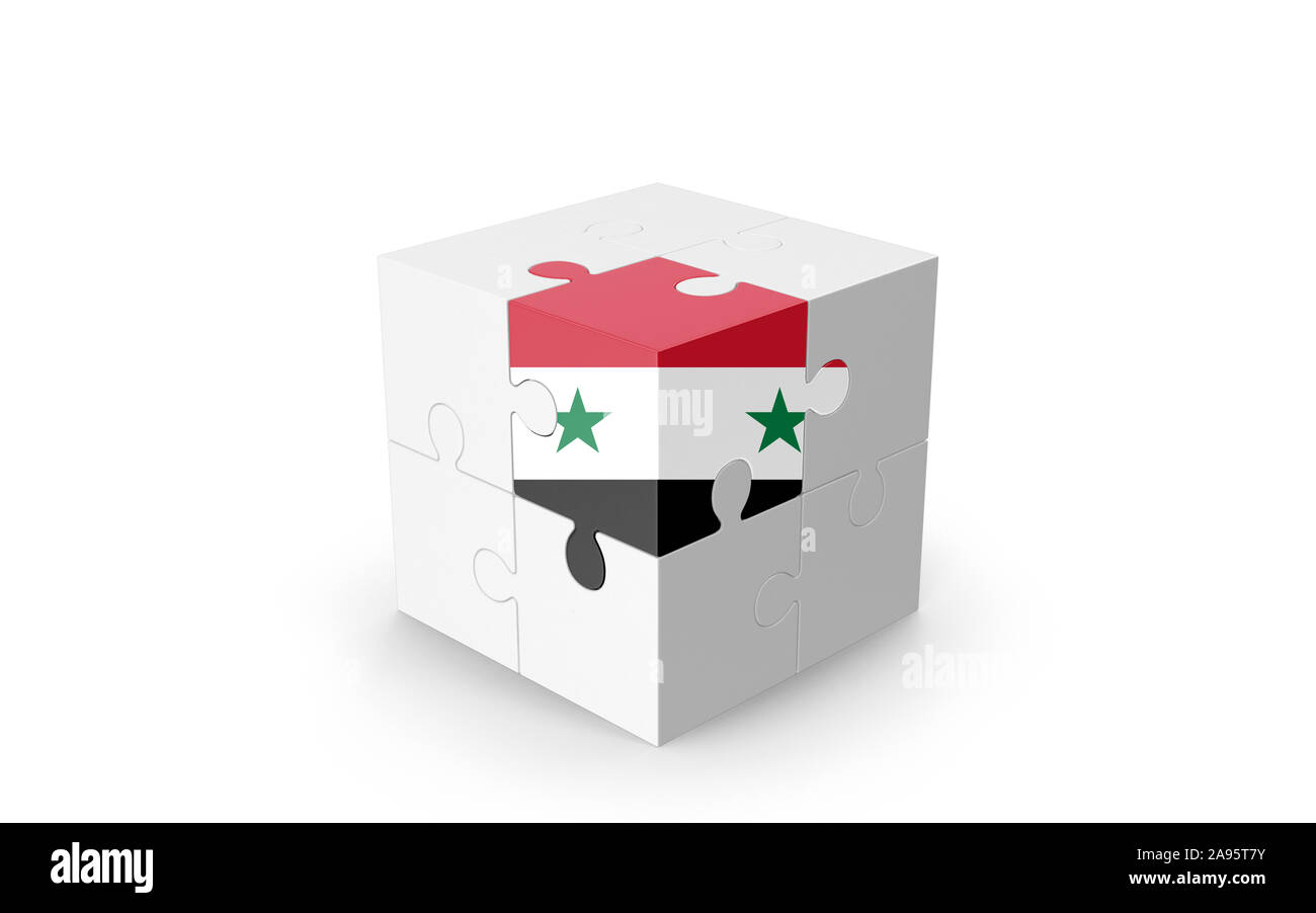Syrian Flag Puzzle on 3d cube against isolated white background. Realistic 3D image with lots of ...