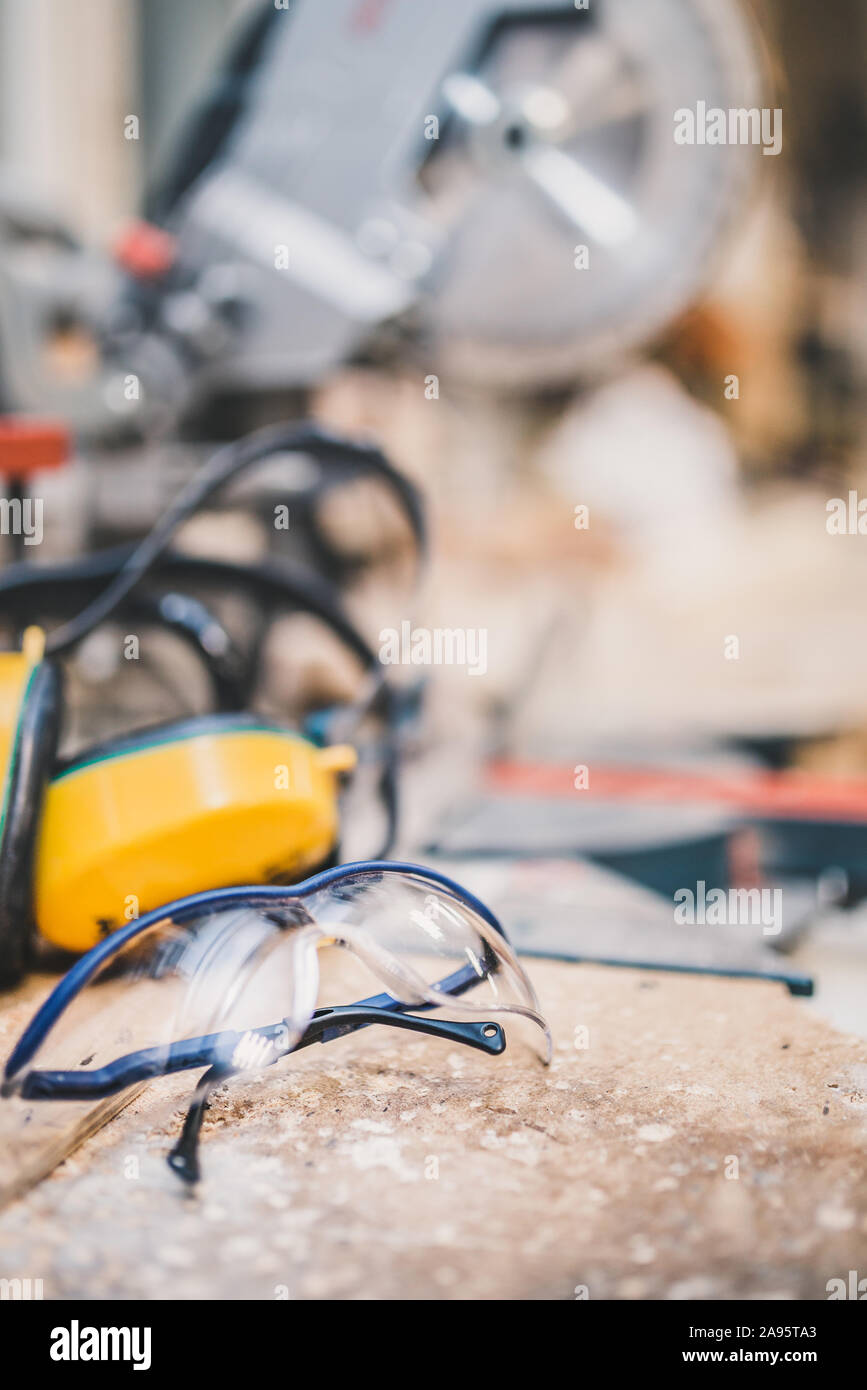 Carpentry workshop - goggles and earphones - eye and ear protection ...