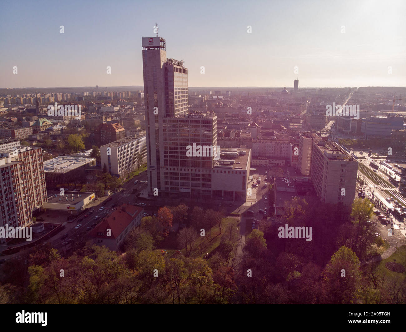 Aeriale view of Katowice. Modern Buildings and city roads. Katowice is ...