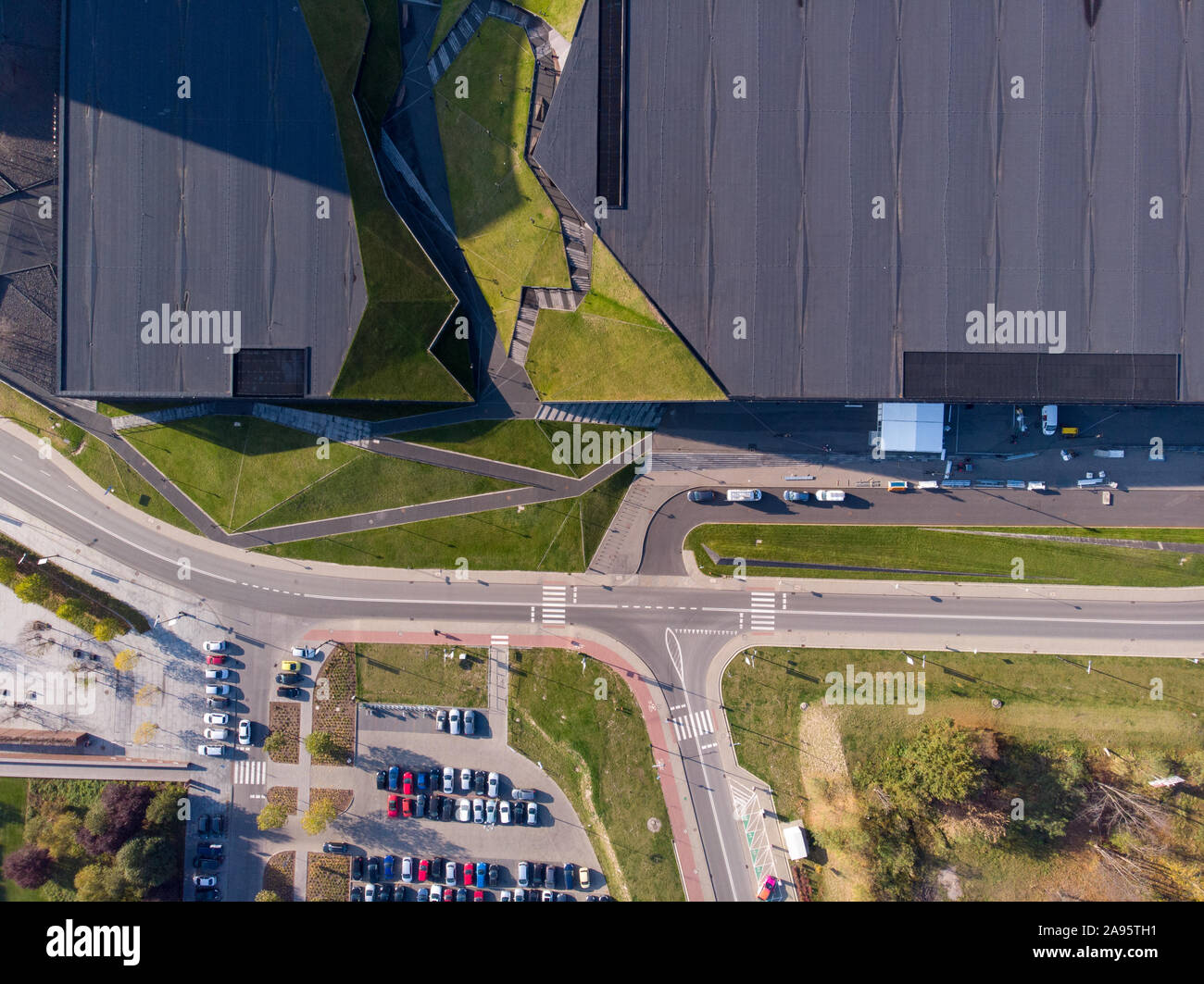 Aeriale view of Katowice. Modern Buildings and city roads. Katowice is ...