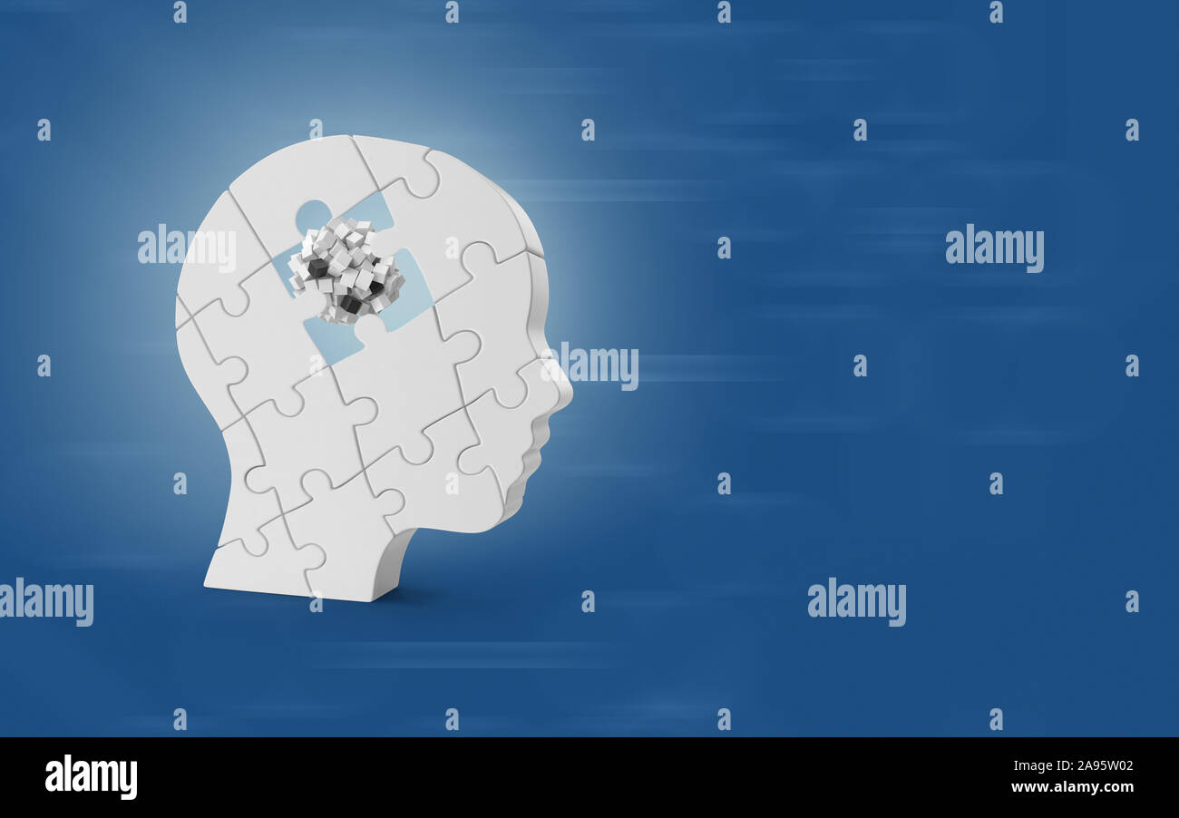 Human head shaped jigsaw puzzle while a piece is missing and we see ...