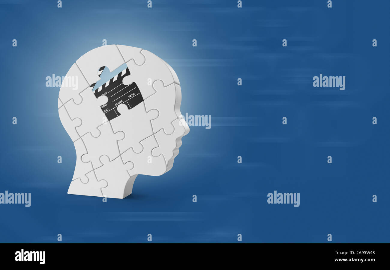 Human head shaped jigsaw puzzle while a piece is missing and we see ...