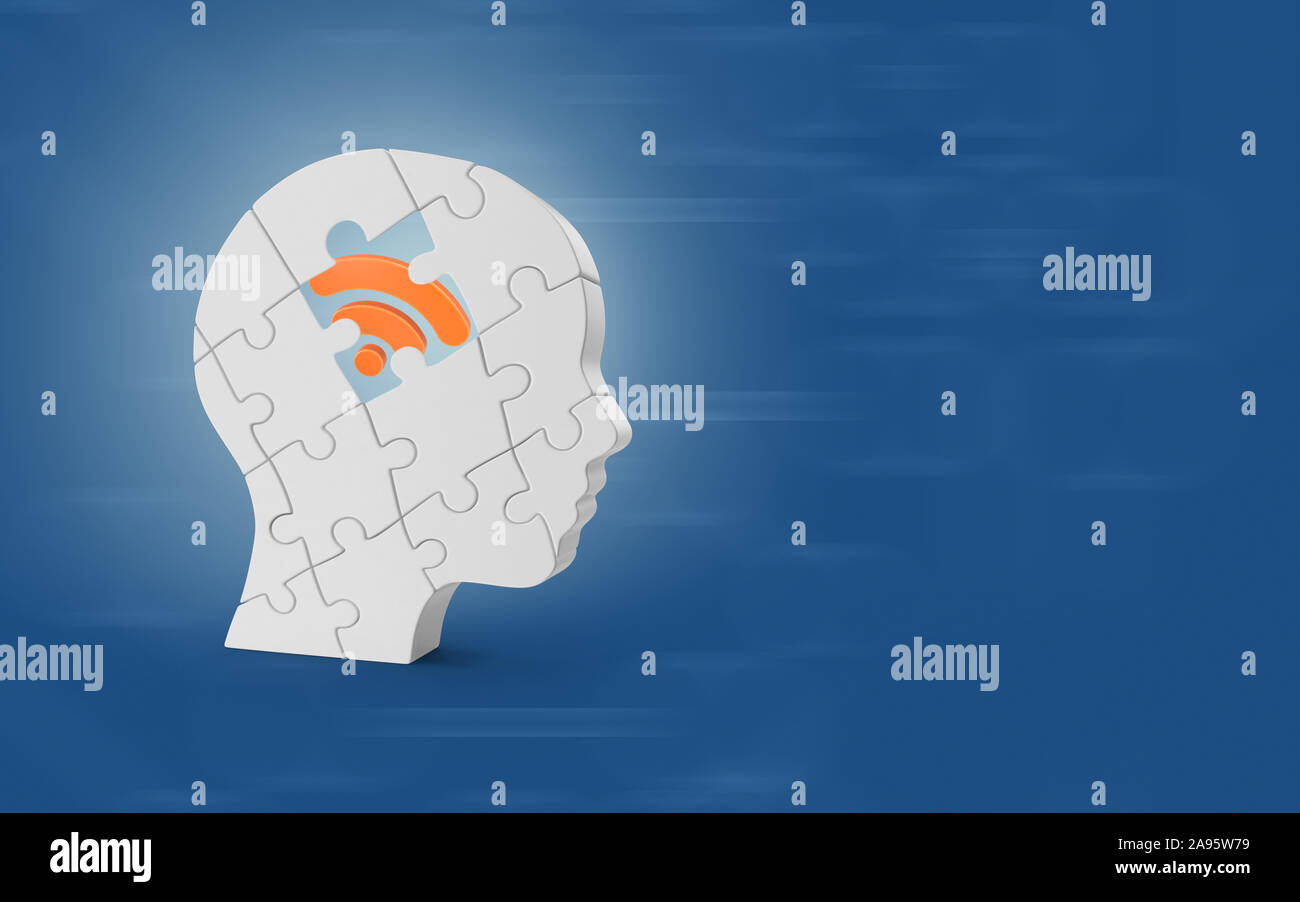 Human head shaped jigsaw puzzle while a piece is missing and we see ...