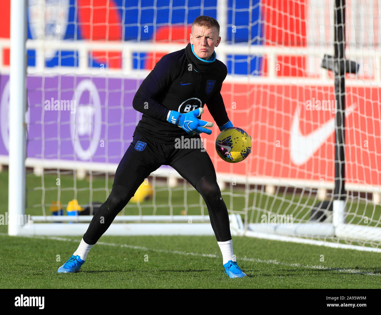 England goalkeeper Jordan Pickford during the training session at St ...