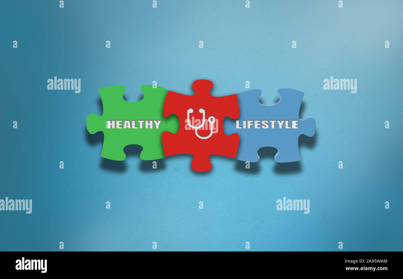 Healthy Lifestyle title on jigsaw puzzles with symbol In the middle ...