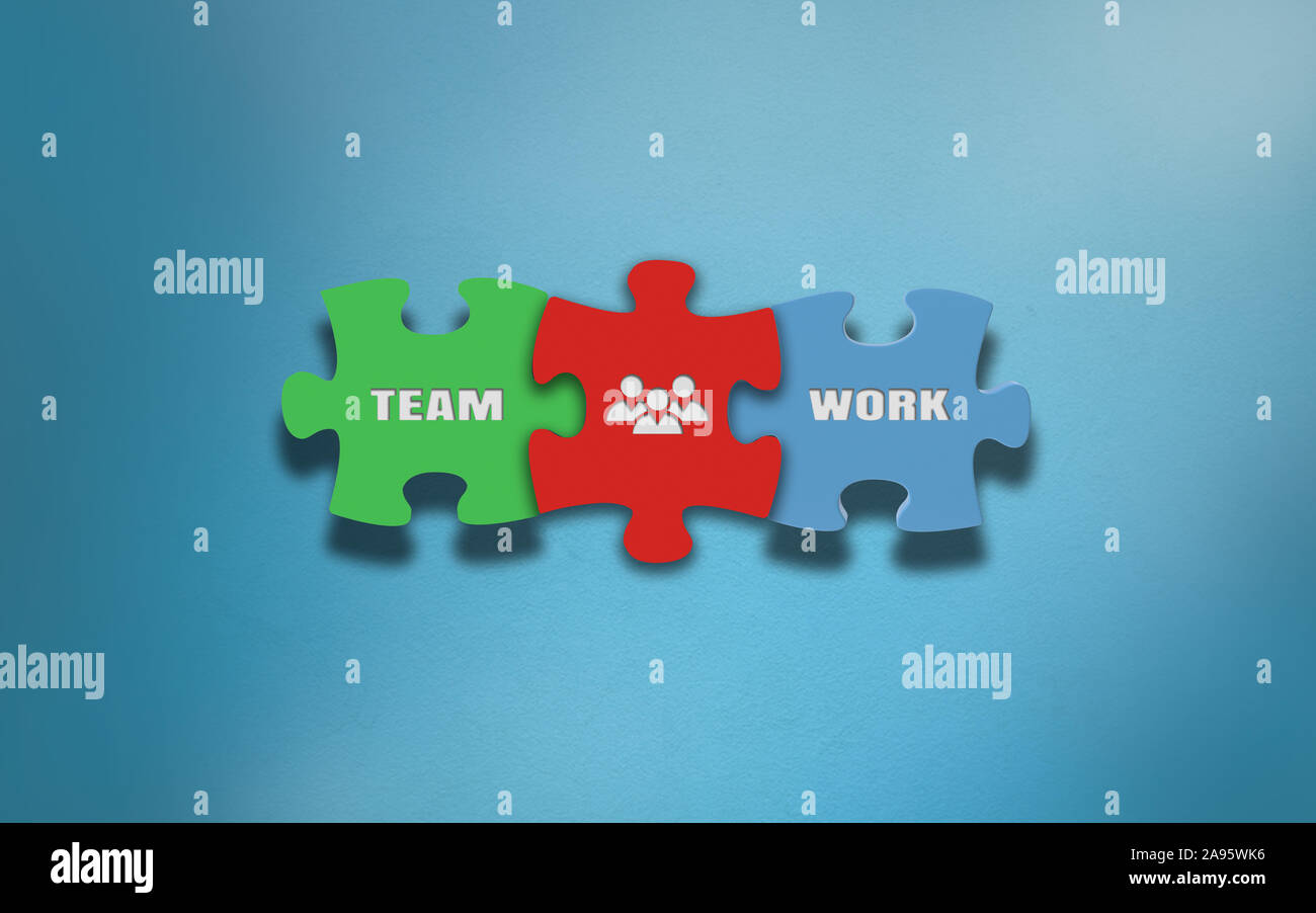 Teamwork title on jigsaw puzzles with symbol In the middle against blue ...