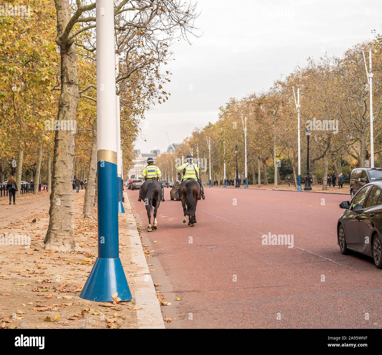 Rear view of two mounted police officers on duty together riding their ...