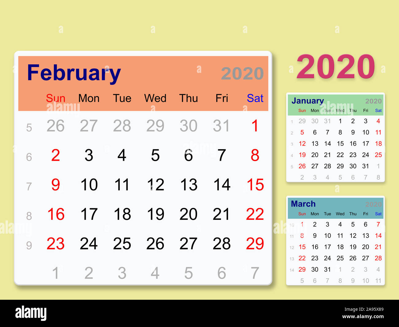 desktop calendar template 2020 - february- isolated on color Background ...