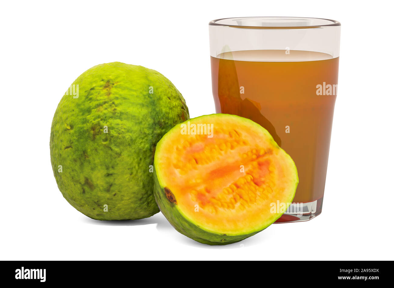 Glass of common guava juice with guavas, 3D rendering isolated on white ...