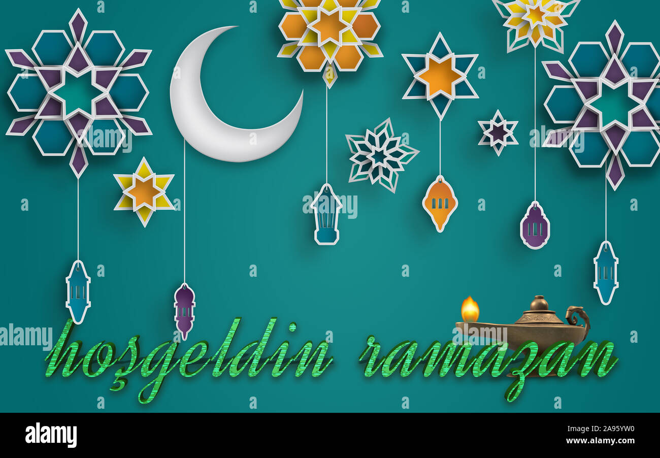 3D Ramadan celebration cartoon syle with English, Arabic and Turkish ...