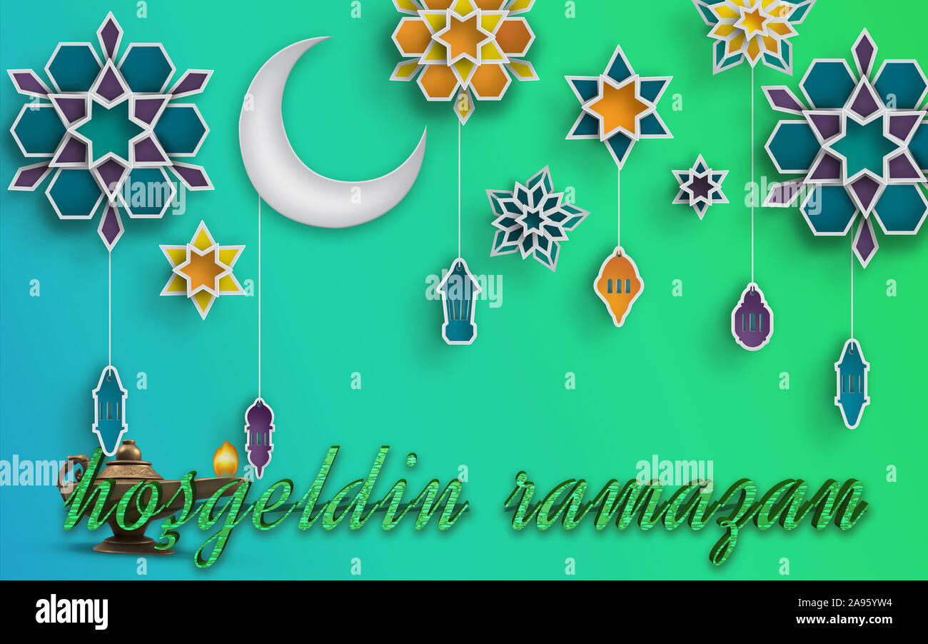 3D Ramadan celebration cartoon syle with English, Arabic and Turkish ...