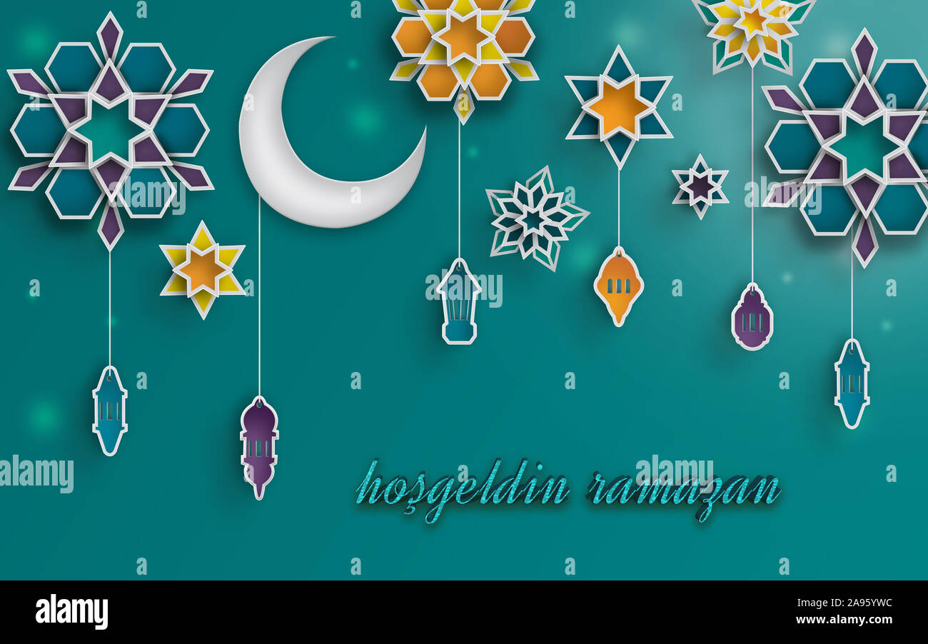 3D Ramadan celebration cartoon syle with English, Arabic and Turkish ...