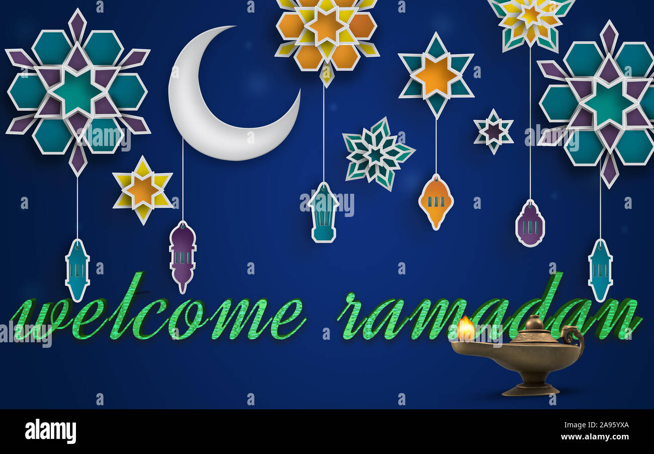 3D Ramadan celebration cartoon syle with English, Arabic and Turkish ...