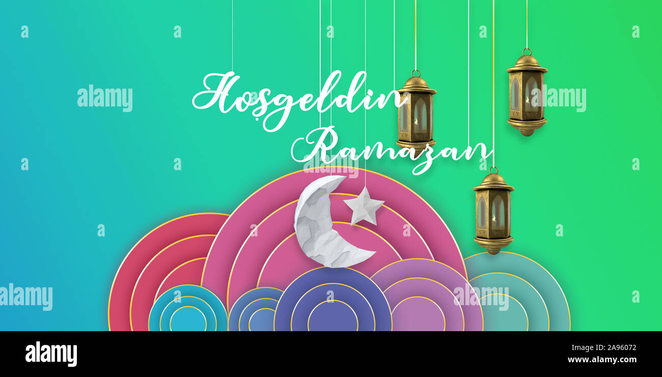 3D Ramadan celebration cartoon syle with Arabic and Turkish text ...