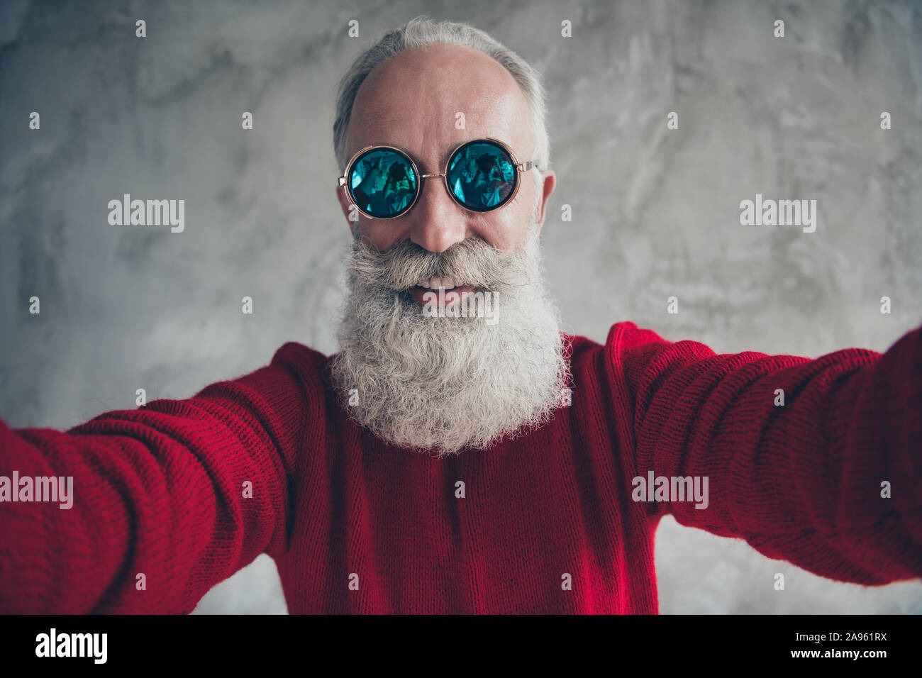 Close up photo of positive funky modern old man blogger make selfie ...