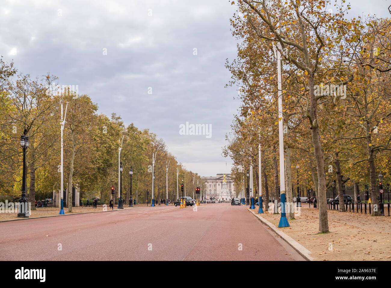 View down The Mall, central London, towards famous London landmarks Buckingham Palace and the ...
