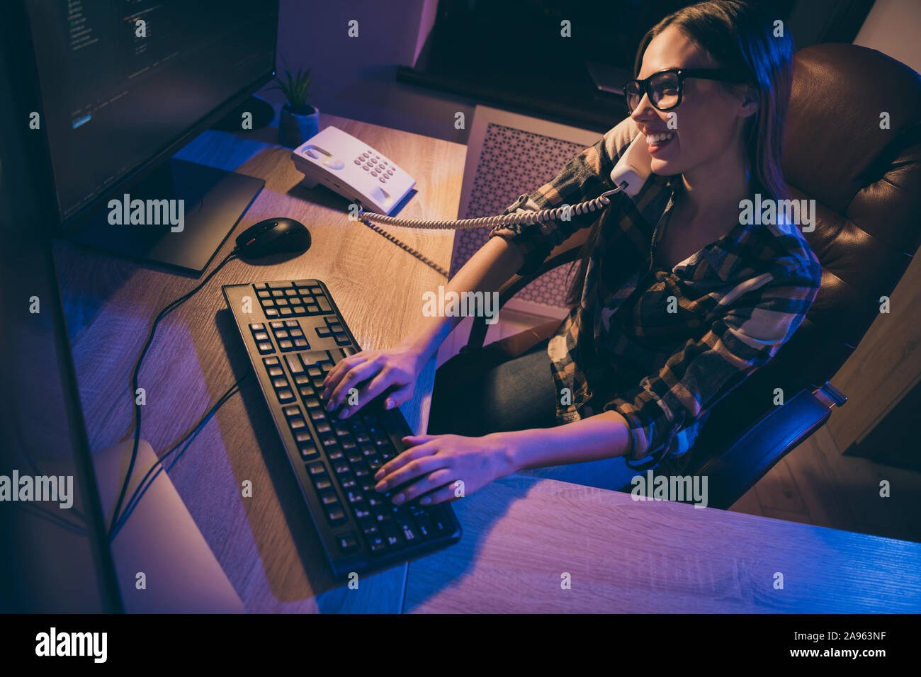 High above top view photo of cheerful positive cute nice smiling woman ...