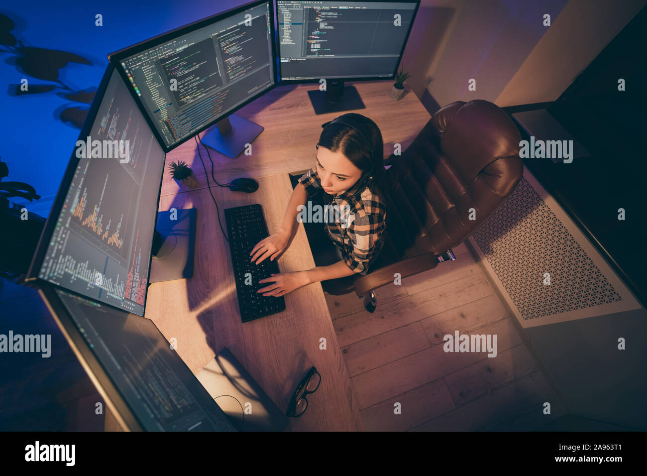 Above top high angle view photo of woman sitting before various ...