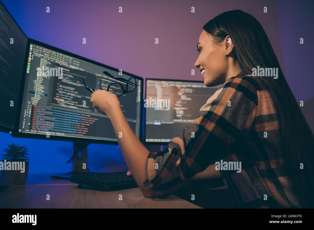 Side profile low below angle view photo of cheerful positive cute ...