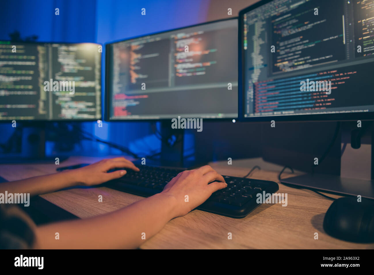 Cropped close up photo of programmer using C overtime to write code for ...
