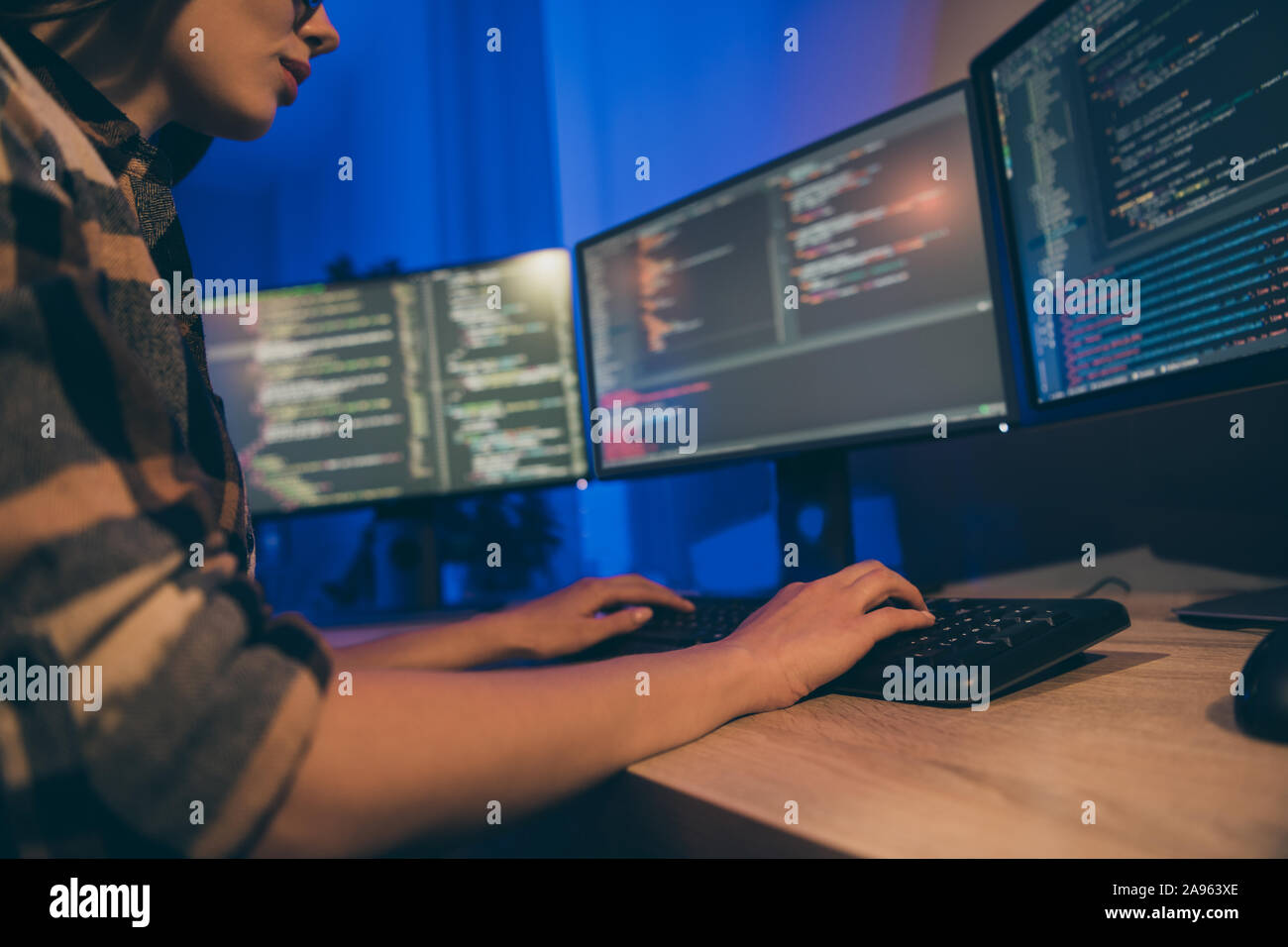 Cropped Close Up Photo Of Interested Focused Coder Hard Working Improving Security System Of Her