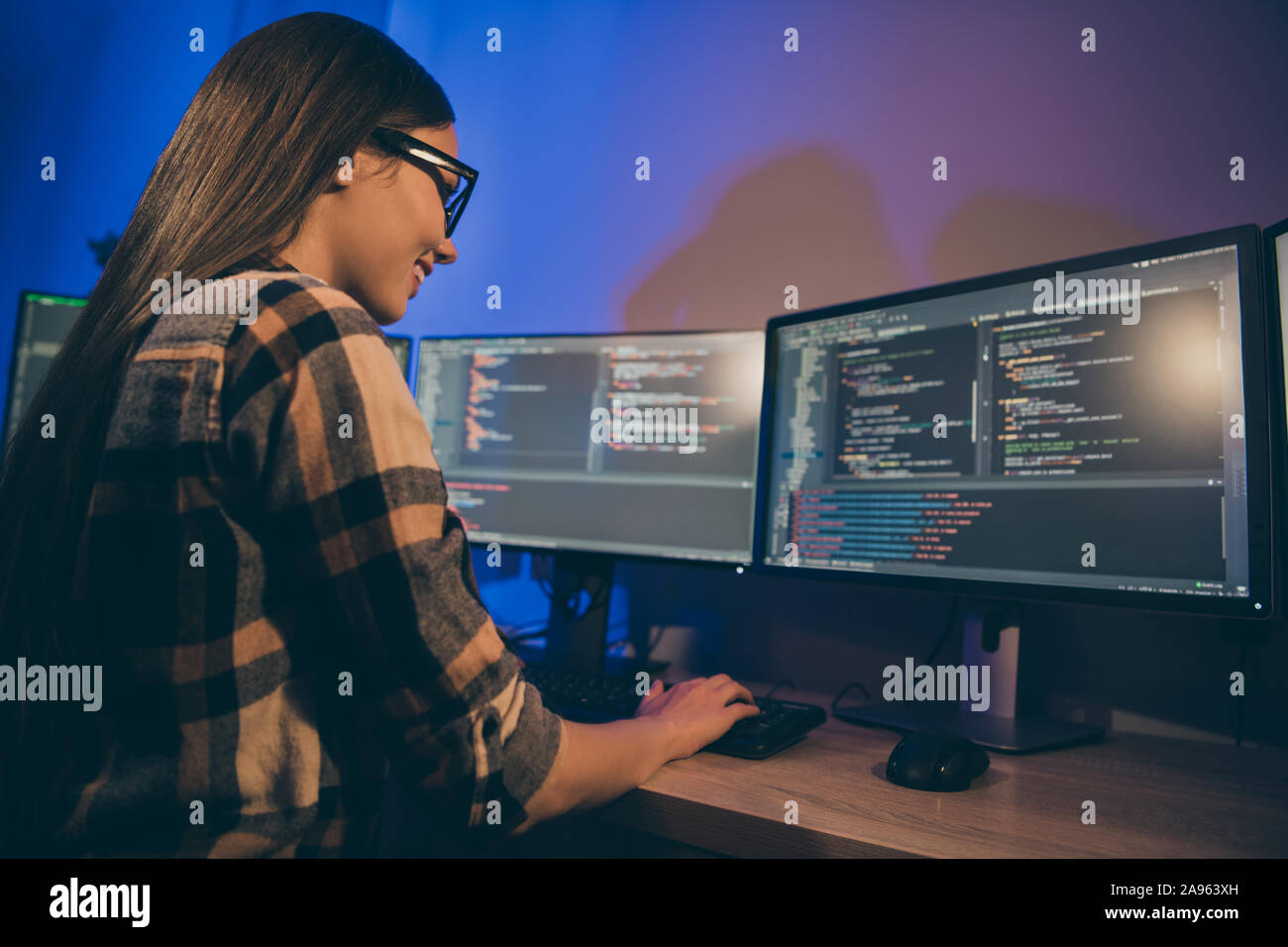 Photo of cheerful positive cute pretty programmer girl having realized ...
