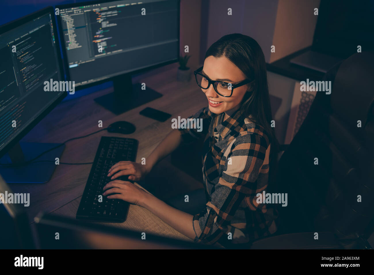 Top above high angle view photo of cheerful cute woman finishing ...