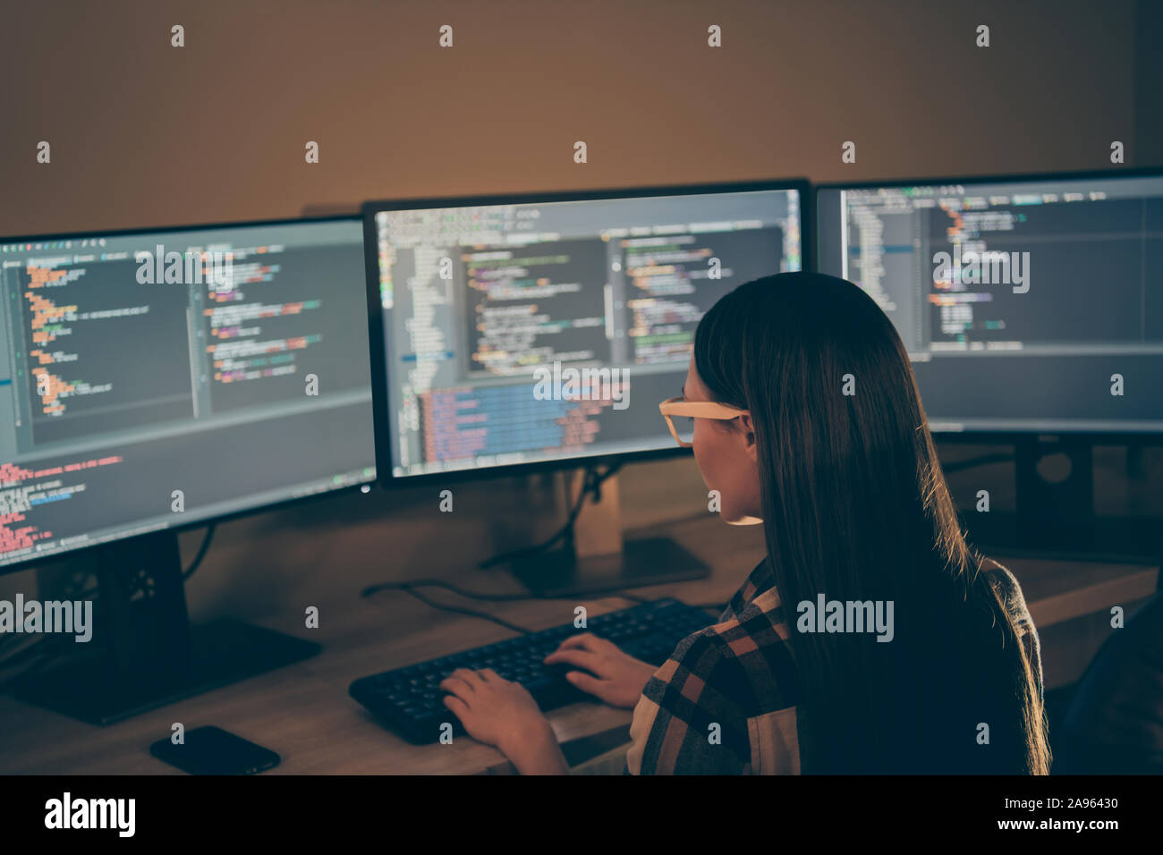 Back rear view photo of focused concentrated girl coding new project ...