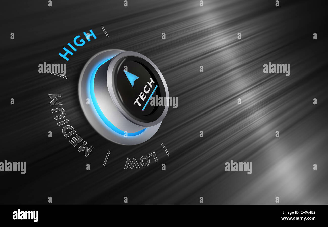 3D push button on brushed metal surface with title Tech. Includes lots ...