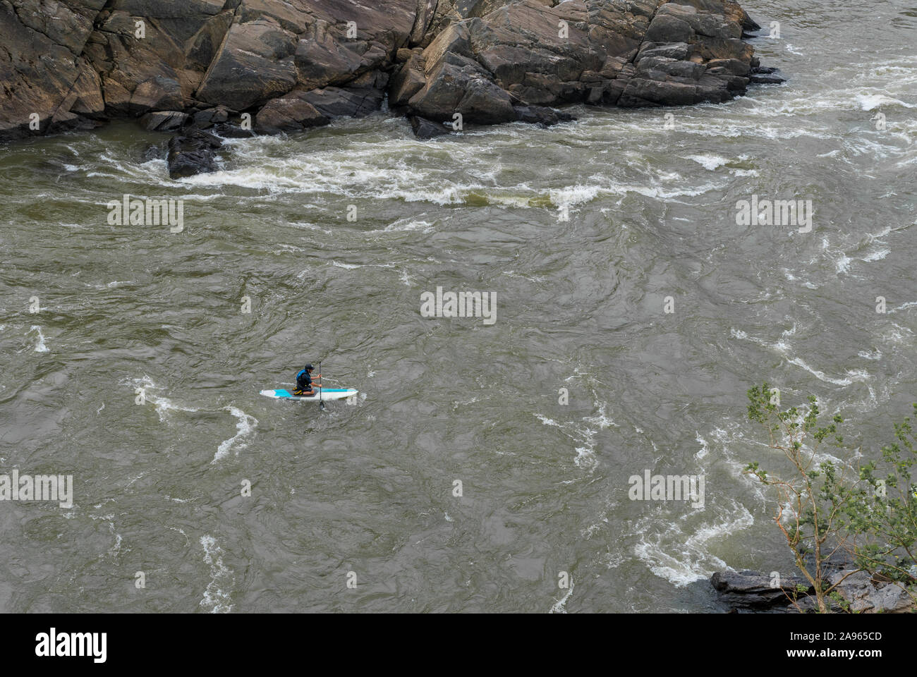 Man on Kayak paddling on the river at Great Falls National Park, Va ...