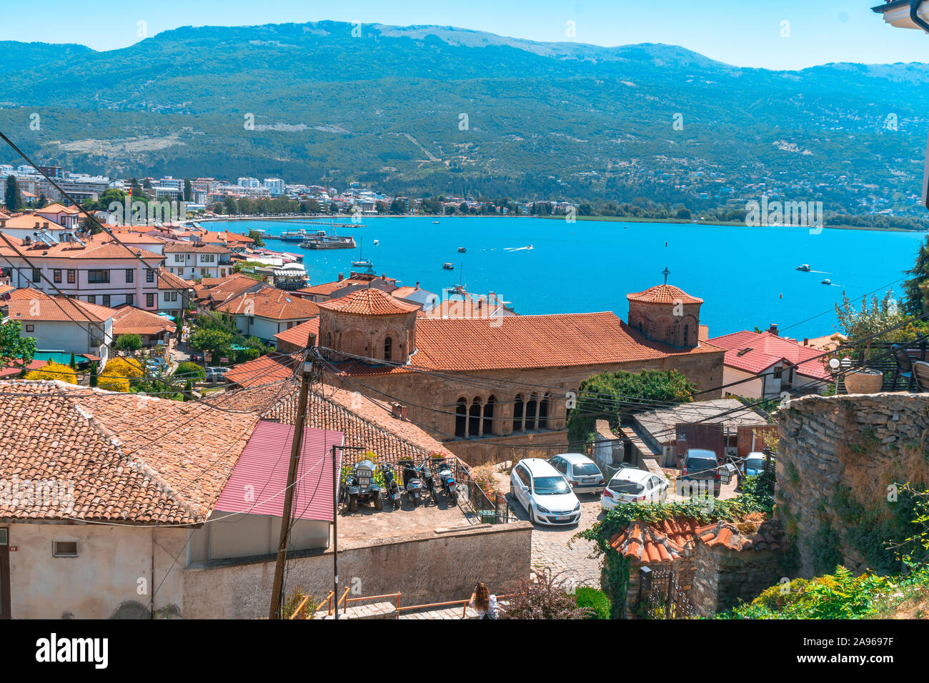 View of lake Ohrid from Ohrid city in Republic of Macedonia. Ohrid is ...