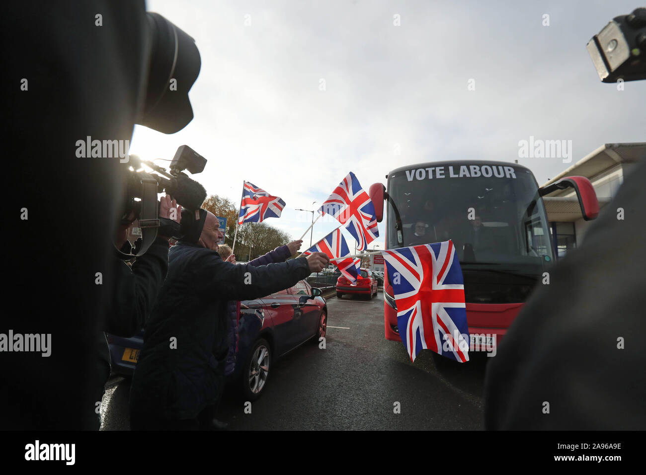 Labour Party leader, Jeremy Corbyn, arrives on the Labour campaign bus ...