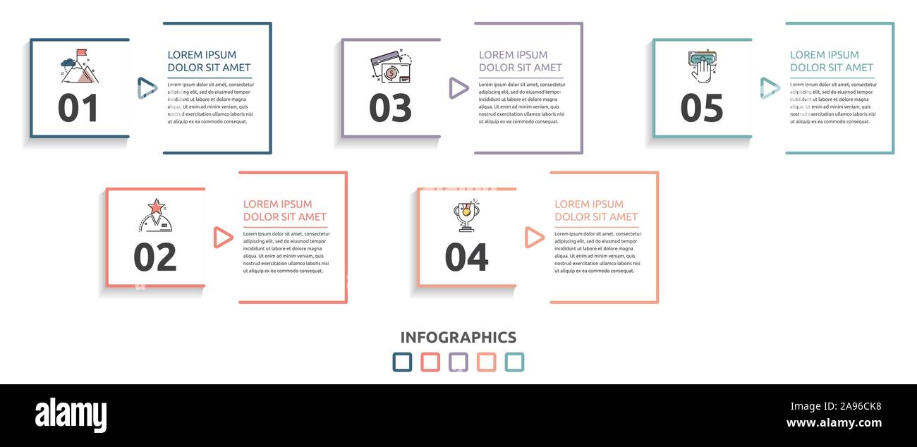 Vector flat infographic template. Line square with text and icons for five diagrams, graph ...