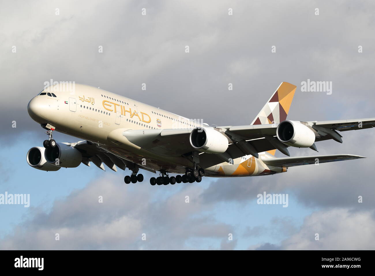 Etihad Airbus A380 A6-APF landing at London Heathrow Airport, UK Stock ...