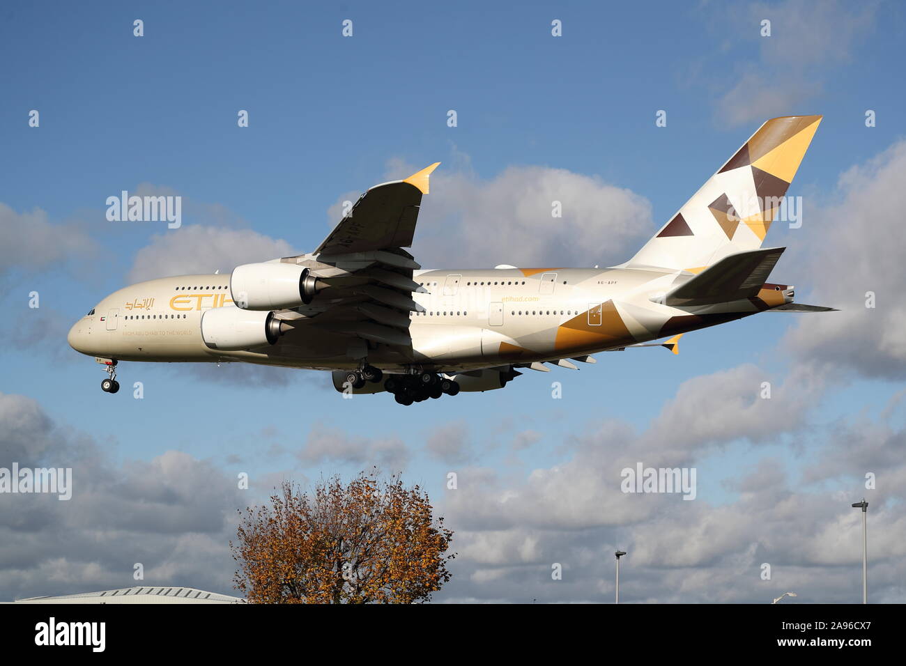 Etihad Airbus A380 A6-APF landing at London Heathrow Airport, UK Stock ...