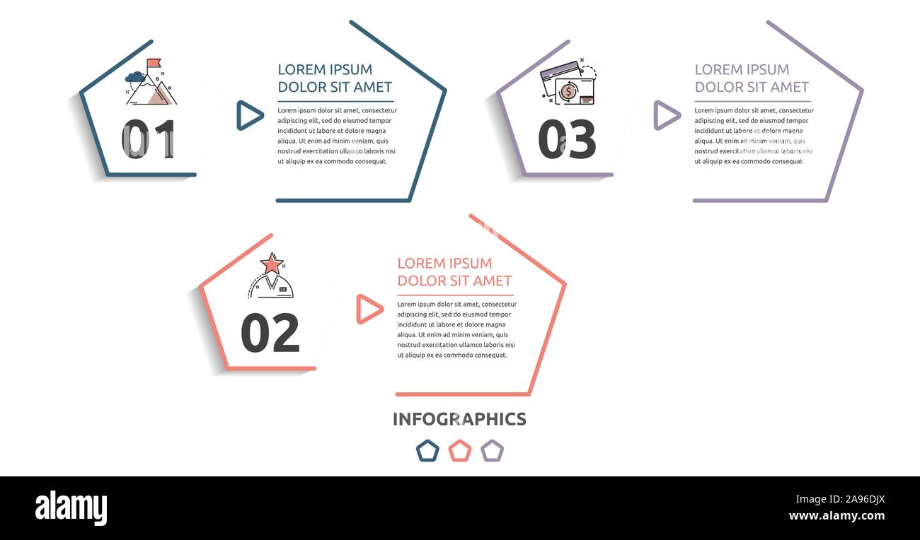 Vector flat infographic template. Line pentagon with text and icons for three diagrams, graph ...