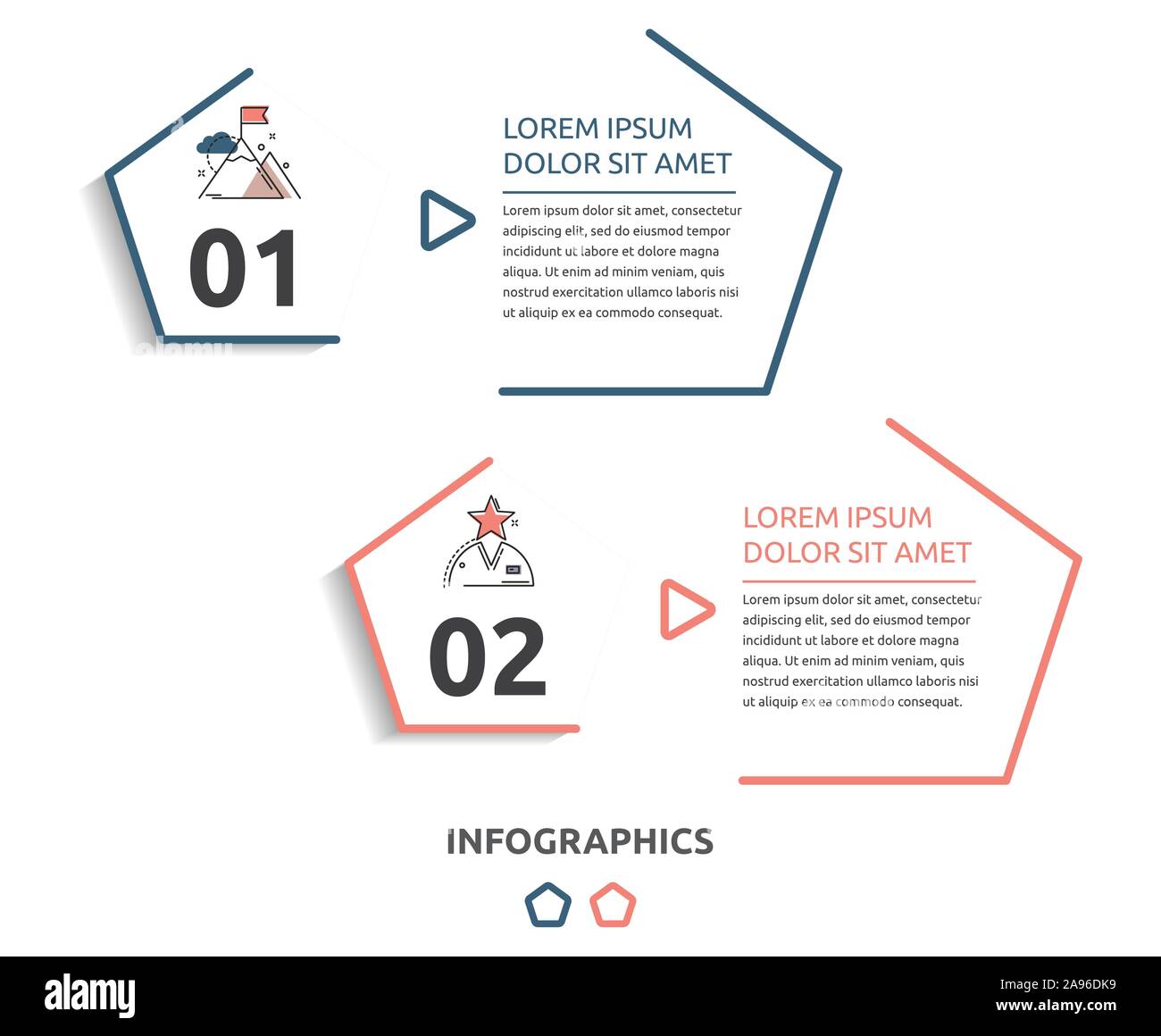 Vector flat infographic template. Line pentagon with text and icons for two diagrams, graph ...